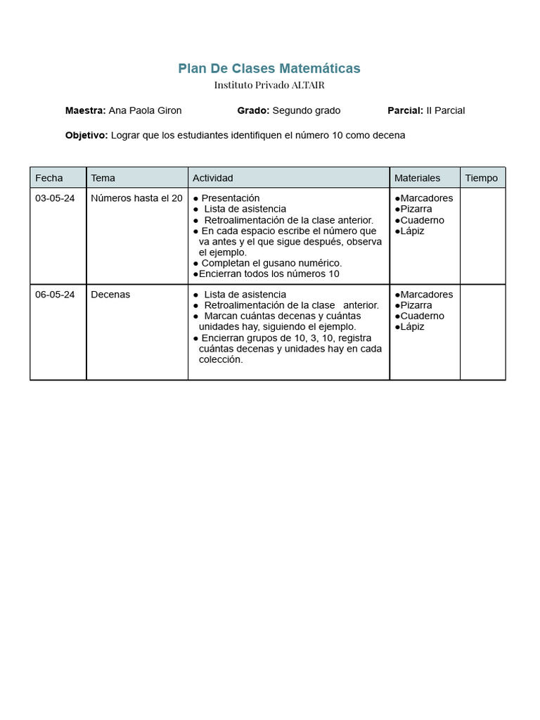 Plan de Clases | PDF | Sustracción | Multiplicación