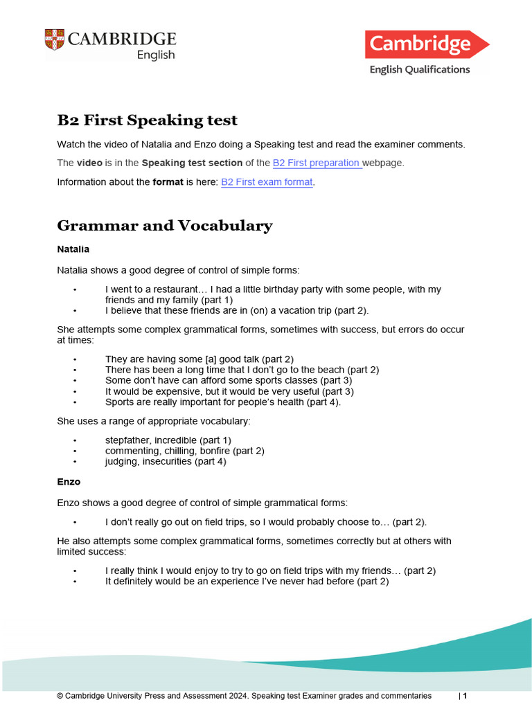 B2 First Speaking Test Analysis | PDF | Communication | Human Communication