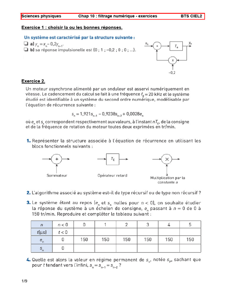 BTS CIEL - Chap 10 - Filtrage Numérique - Exercices | PDF