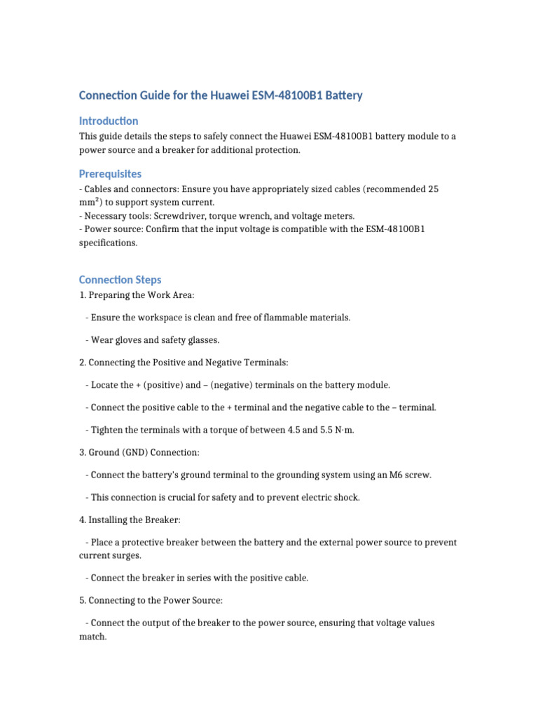 Connection Guide Huawei ESM 48100B1 Battery | PDF