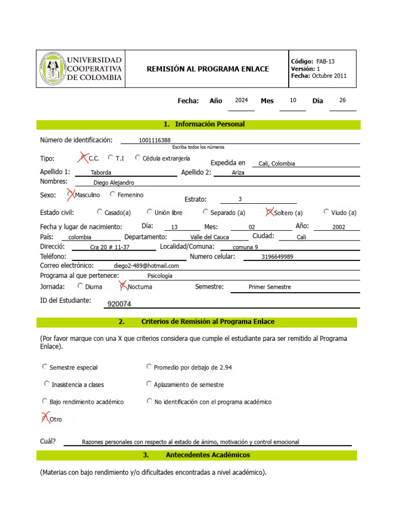 Formato Remisión Programa Enlace - Diego Taborda | PDF