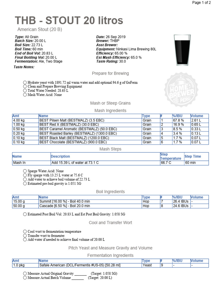 THB American Stout Brewing Recipe | PDF | Brewing | Food And Drink ...