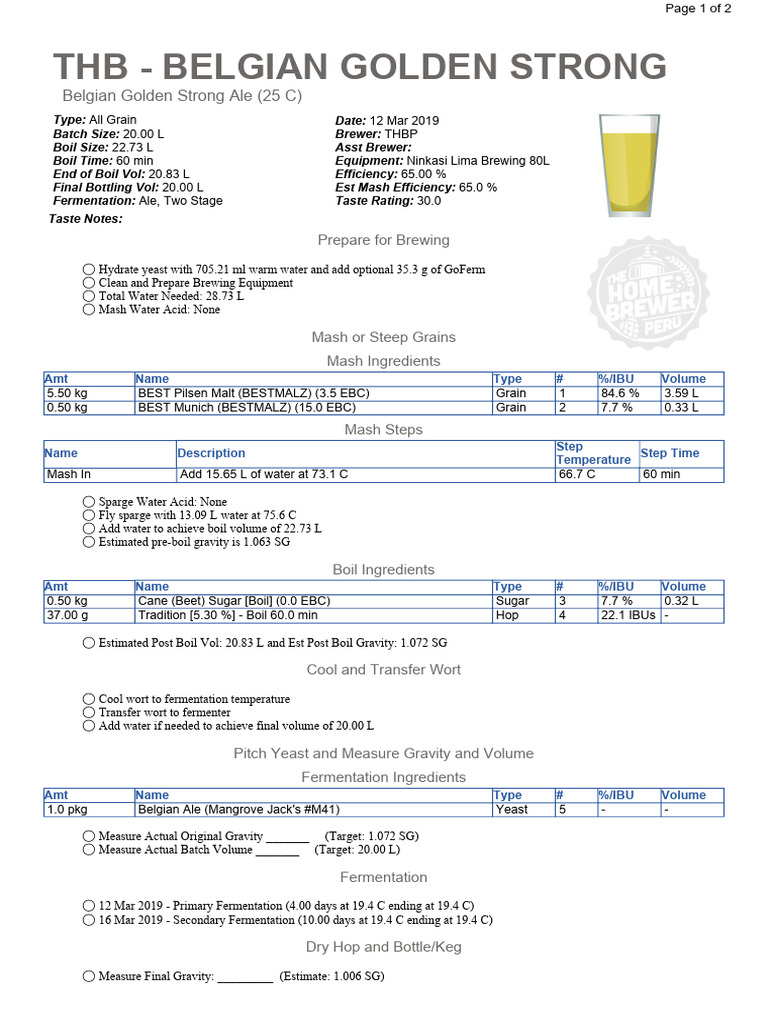 Belgian Golden Strong Ale 20 Litros | PDF | Brewing | Fermented Foods