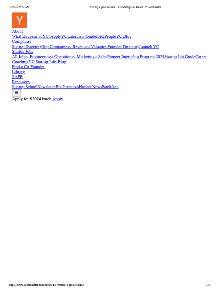 Writing A Great Resume - YC Startup Job Guide - Y Combinator | PDF | Résumé