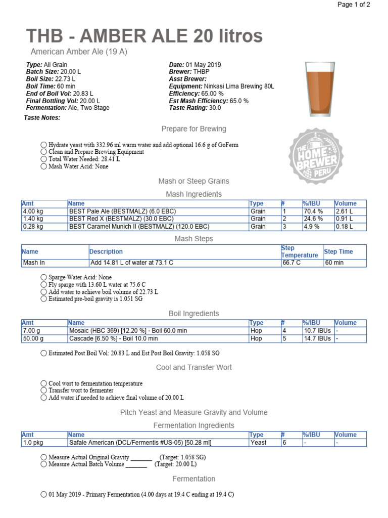 Receta Amber Ale 20 Litros THBP | PDF | Brewing | Fermentation In Food ...