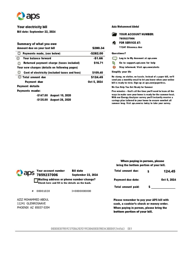 APS-electricity-bill-Aziz Mohammed Abdul | PDF | Money | Payments