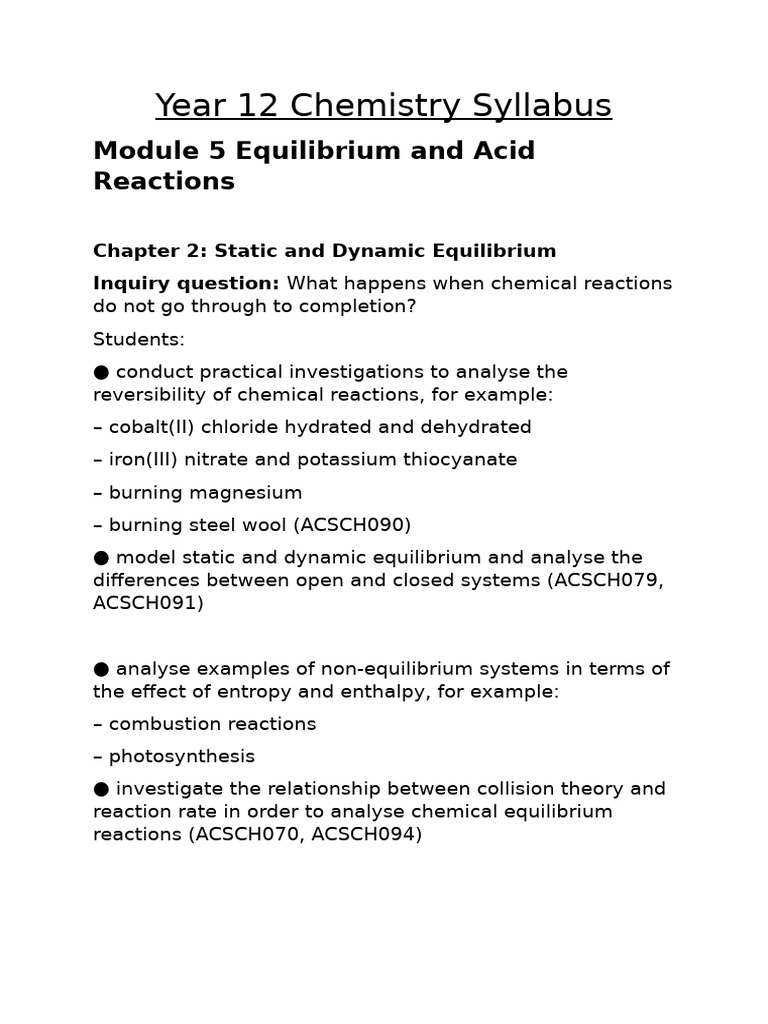 Year 12 Chemistry: Equilibrium Concepts | PDF | Chemical Equilibrium ...
