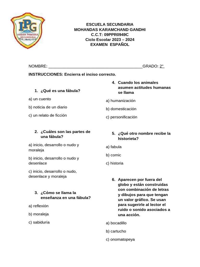 Examen Español Segundo Grado | PDF | Cómics