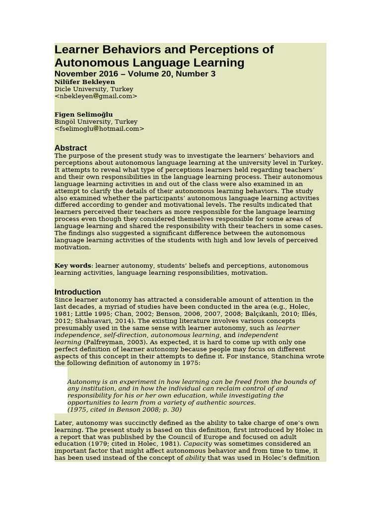 Learner Behaviors and Perceptions of Autonomous Language Learning | PDF ...