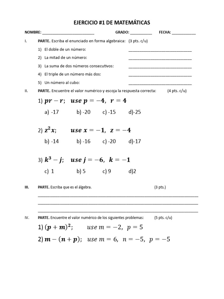 Ejercicio - Valor Numérico | PDF