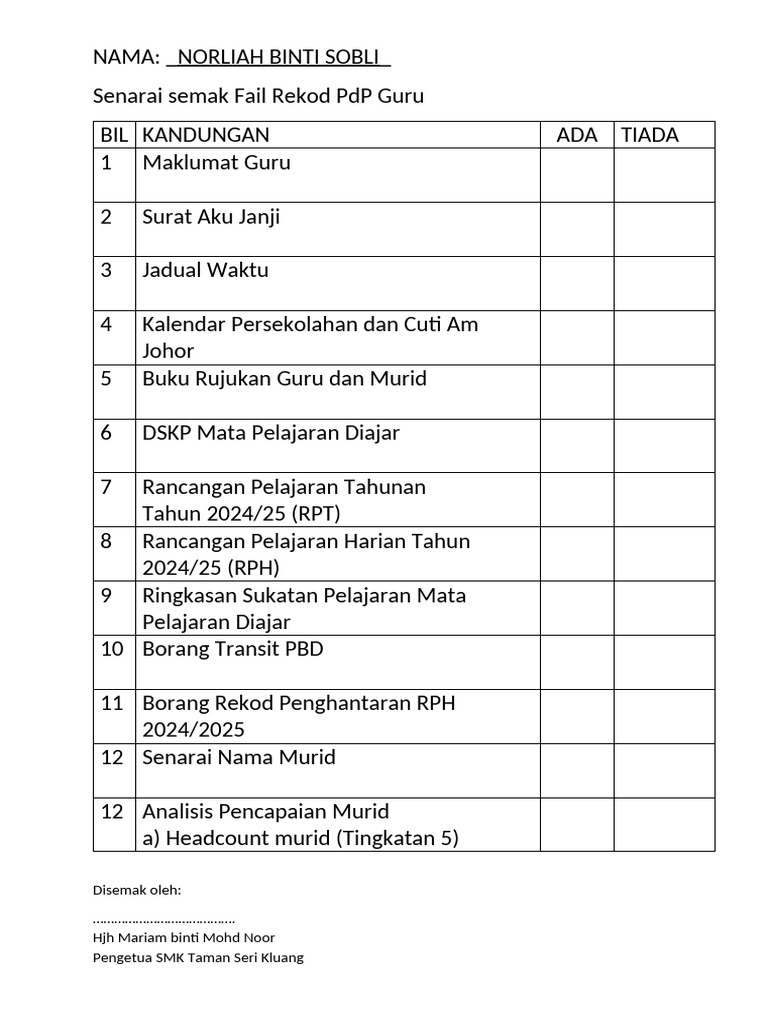 0a) Senarai Semak Fail RPH 2024 - 25 | PDF