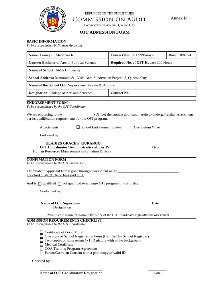 Annex B OJT Admission Form (1) | PDF