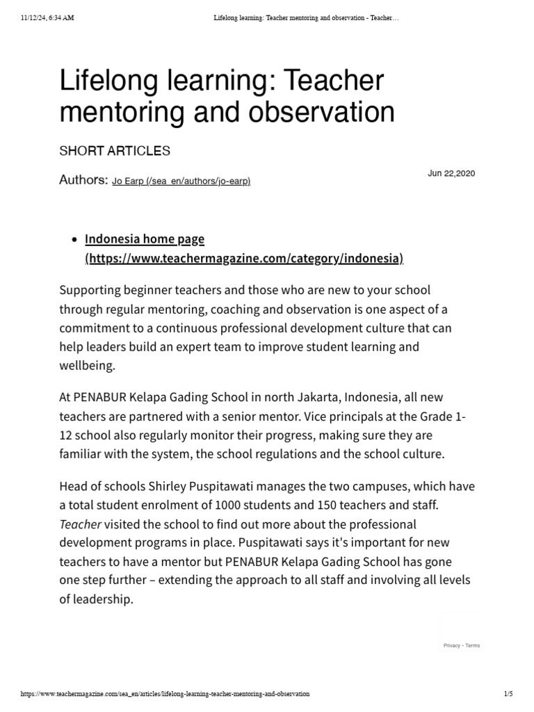 Lifelong Learning - Teacher Mentoring and Observation - Teacher | PDF ...