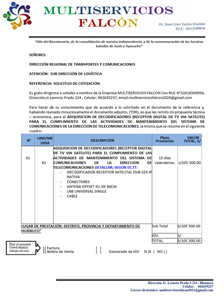 COTIZACION MULTISERVICIOS FALCON | PDF | Televisión via satélite