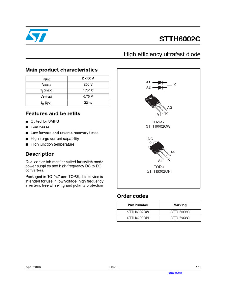 STTH 6002 C | PDF | Diode | Electronic Engineering