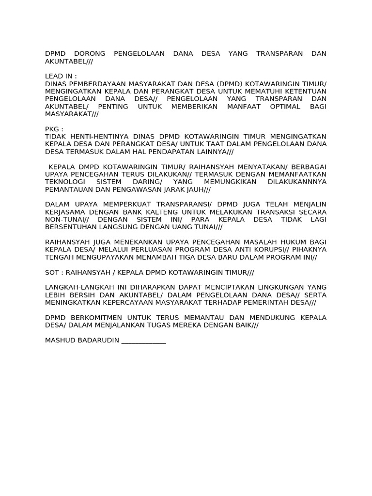 DPMD Dorong Pengelolaan Dana Desa Yang Transparan Dan Akuntabel (Pemkab ...