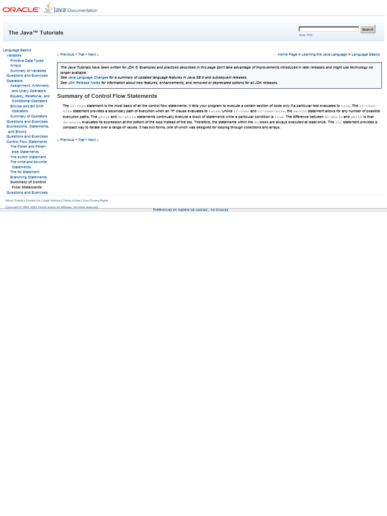 Summary of Control Flow Statements (The Java™ Tutorials - Learning The ...