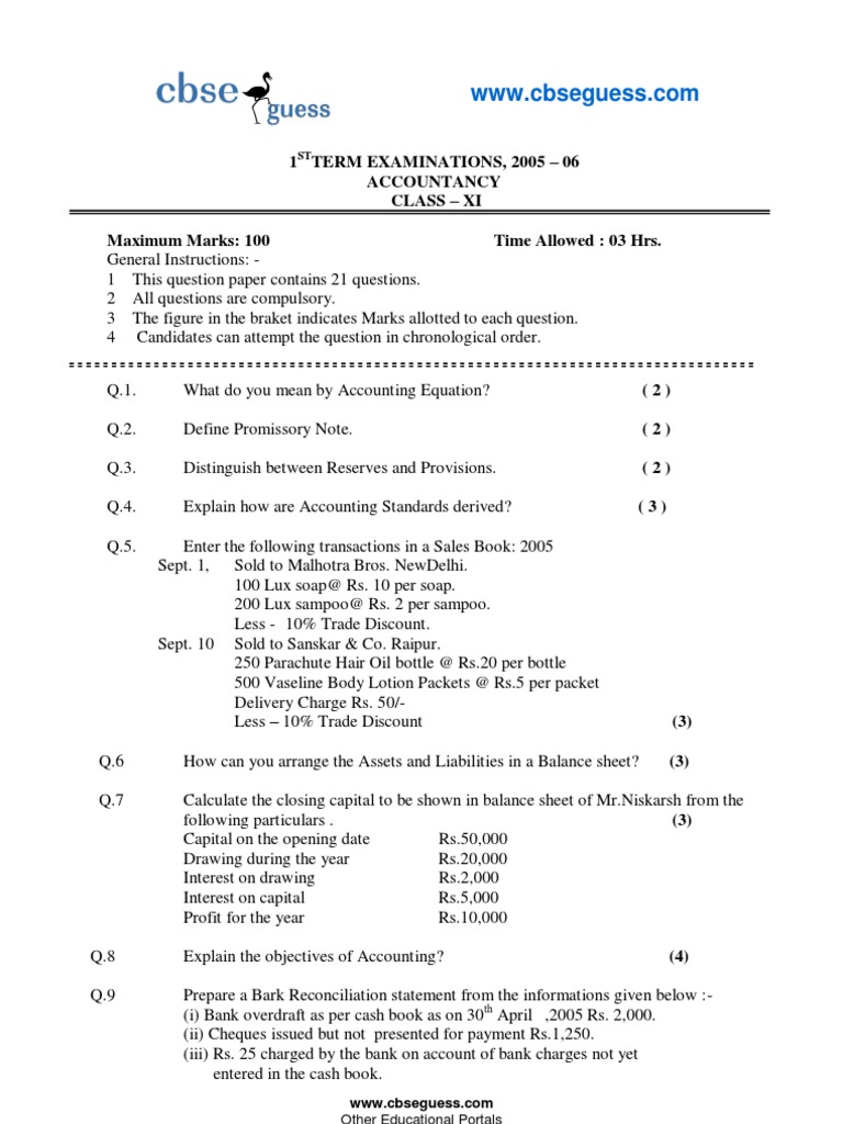 Class XI Accountancy Exam Paper | PDF | Debits And Credits | Business ...