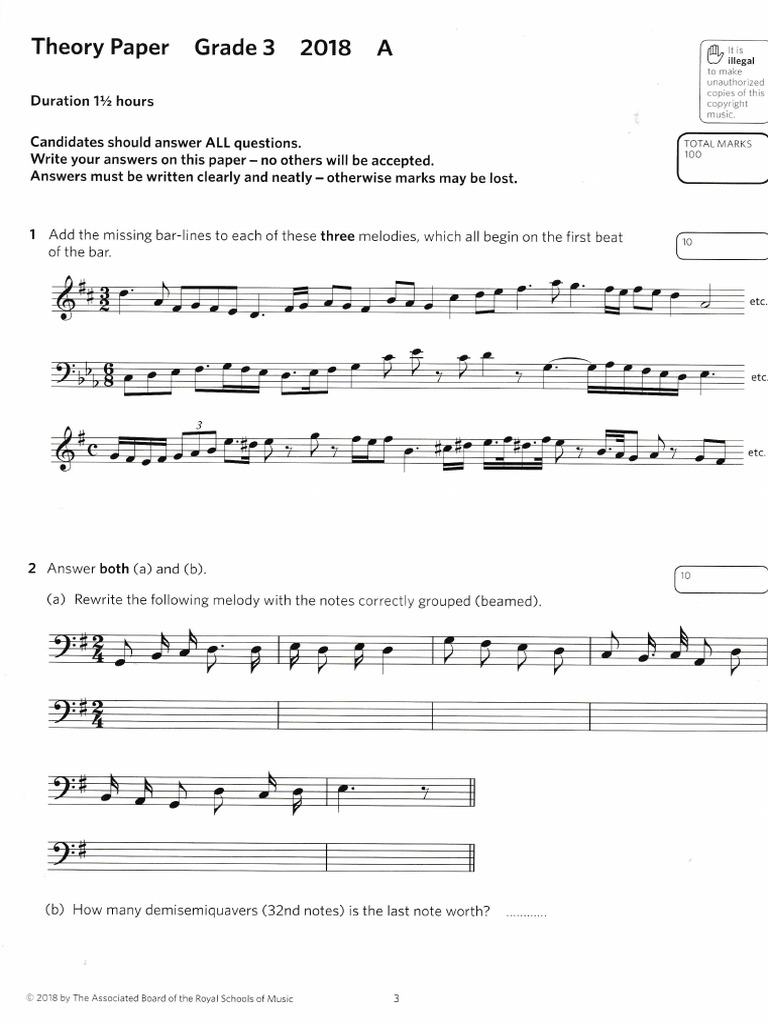 Grade 3 Music Theory Exam 2018 | PDF | Minor Scale | Scale (Music)