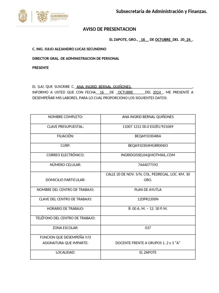 Aviso de Presentacion 2023-2024 Zapote | PDF