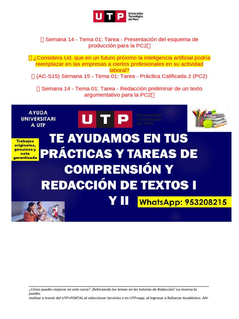 ? Semana 14 - Tema 01 Tarea - Redacción Preliminar de Un Texto Argumentativo para La PC2 | PDF ...