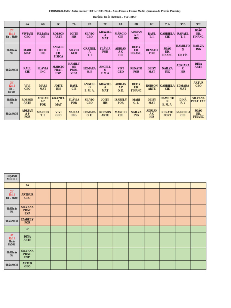 Cronograma Aulas Online 11-12 Nov 2024 | PDF
