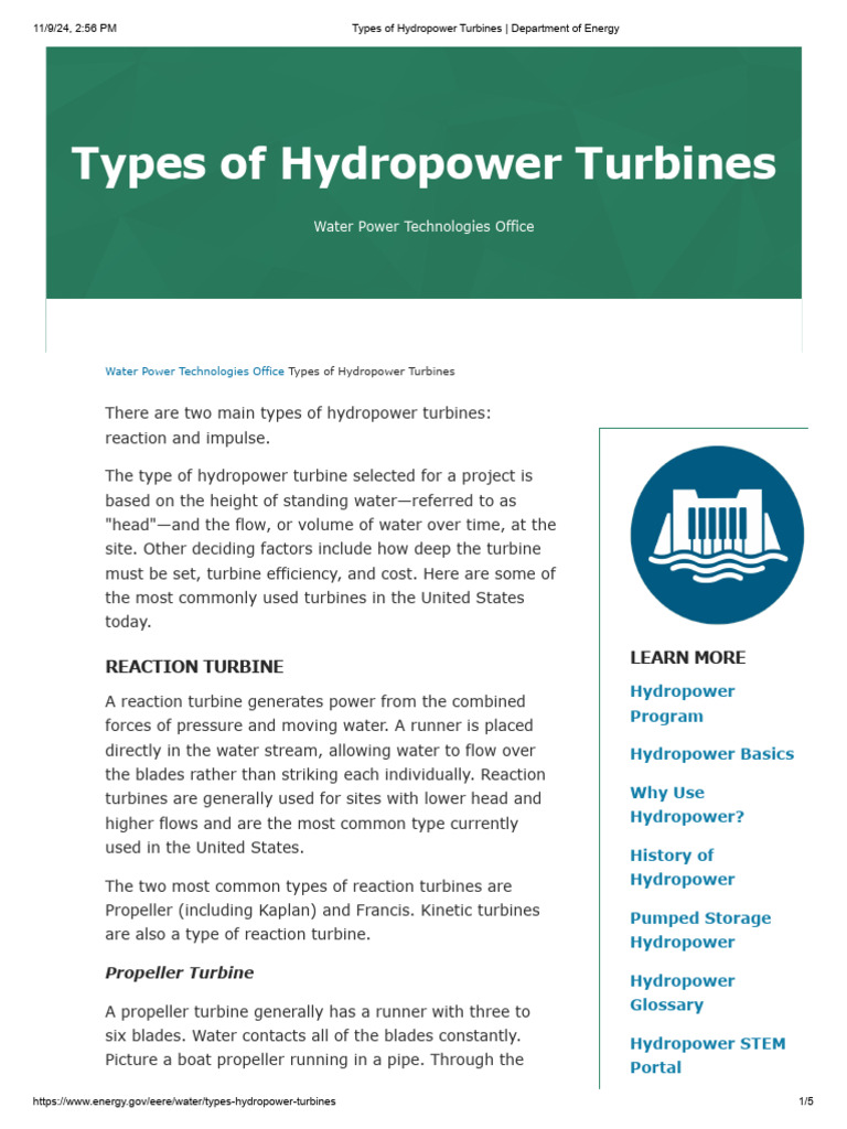 Types of Hydropower Turbines - Department of Energy | PDF | Turbine ...