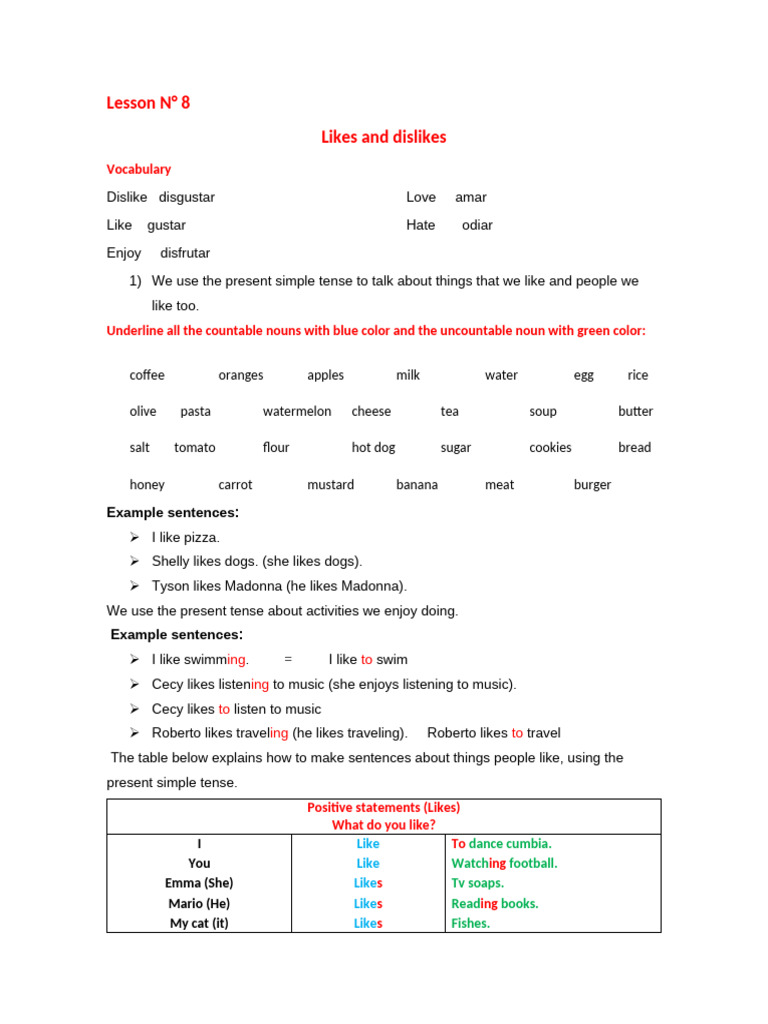 Lesson # Likes and Dislikes | PDF | Foods | Linguistics