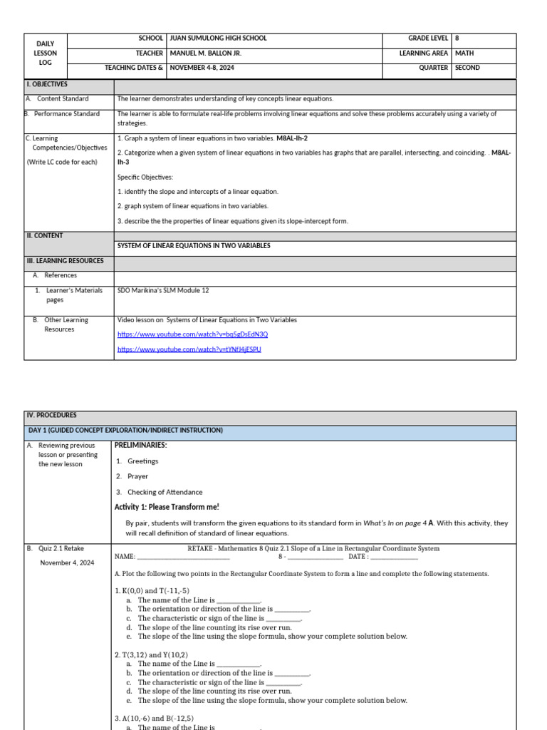 Grade 8 Math: Linear Equations Log | PDF | Equations | Slope