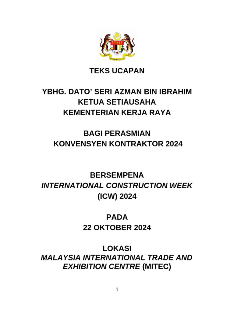 UcapanPerasmianKSU - KonvensyenKontraktor2024 - 20102024 Edited BDA | PDF