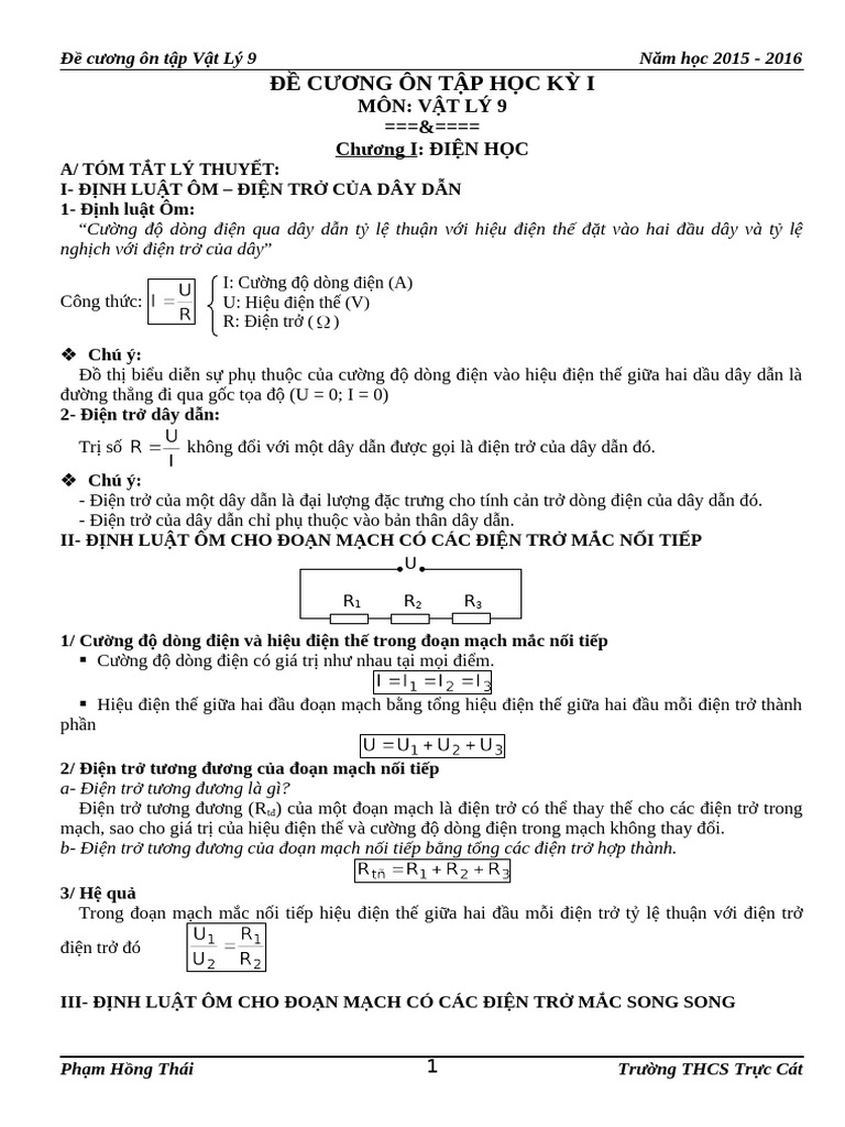 De Cuong On Tap Vat Ly 9 Ki I | PDF