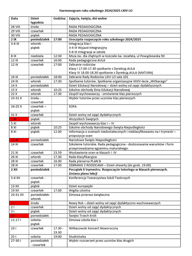 Harmonogram Roku Szkolnego-2024 2025 LXIV LO | PDF
