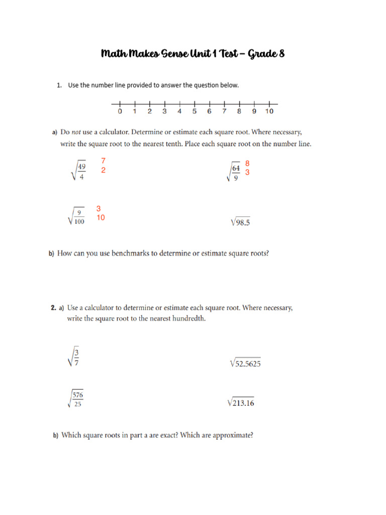 Grade 8 Math Makes Sense Unit 1 Test | PDF