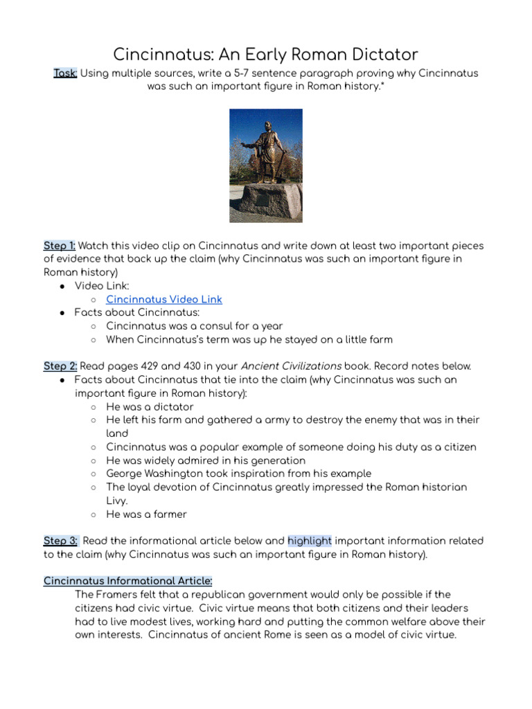 Cincinnatus - An Early Roman Dictator | PDF | Ancient Rome | Roman Republic