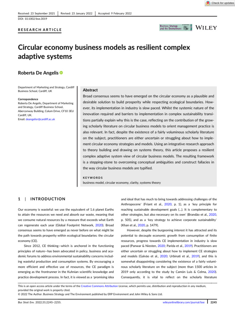 Bus Strat Env - 2022 - de Angelis - Circular Economy Business Models As ...