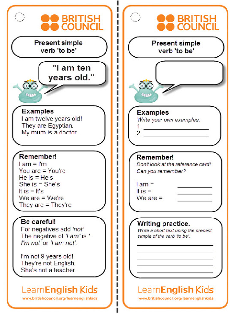Grammar Practice Reference Card Present Simple Verb To Be | PDF