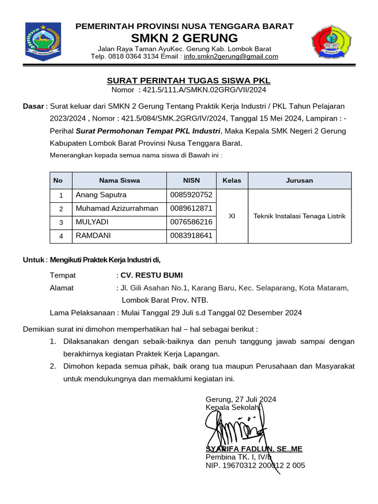 SURAT TUGAS SISWA PKL Restu Bumi | PDF