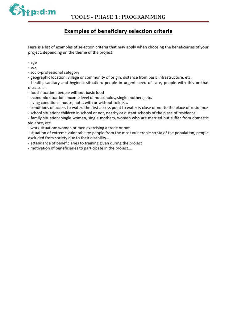 Phase1 - Film3 - 01 - 2. Examples of Beneficiary Selection Criteria | PDF
