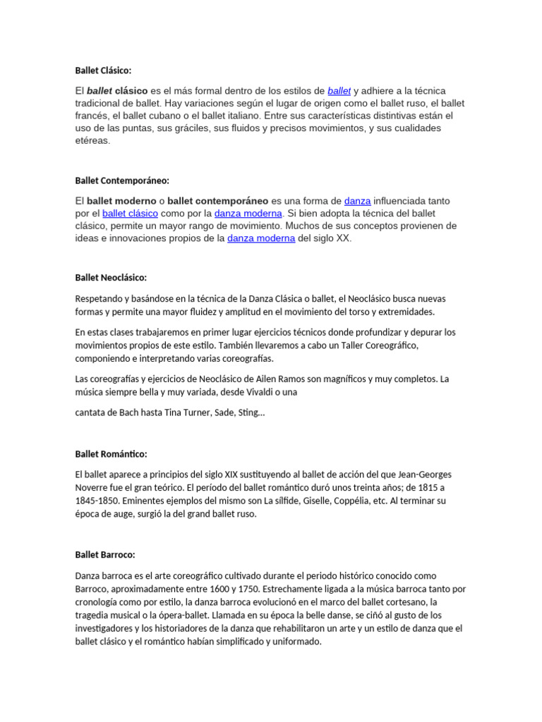 Tipos de Ballet y sus Estilos | PDF | Ballet | Bailes