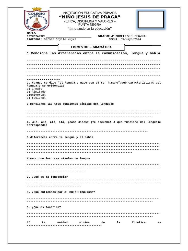 Examen de Lenguaje 4to | PDF | Lingüística | Comunicación humana