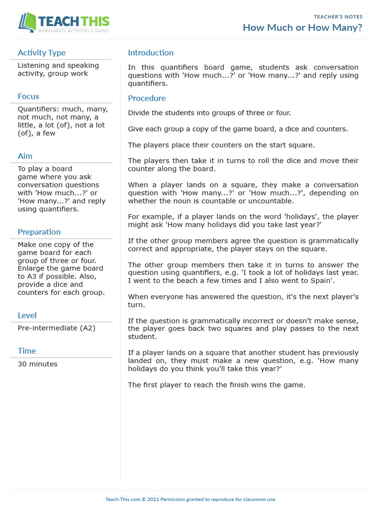 Quantifiers Board Game for ESL Students | PDF | Syntax | Human ...