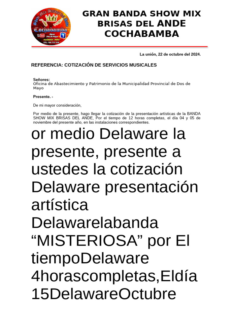 Cotizacion Banda Mix Cochabamba | PDF