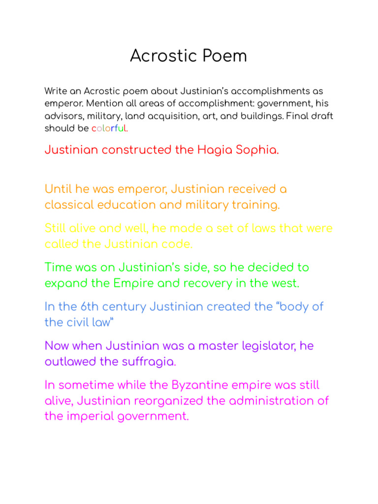 Acrostic Poem on Justinian's Achievements | PDF | Politics | Classics