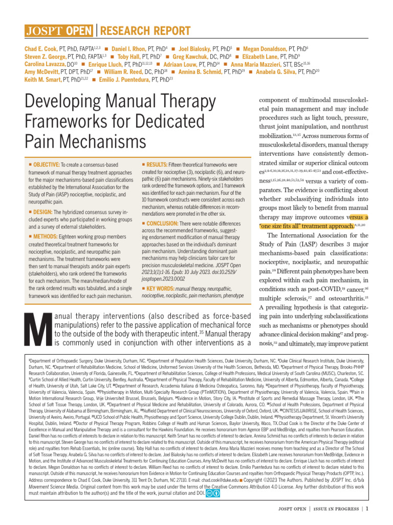 Developing Manual Therapy Frameworks For Dedicated Pain Mechanismscook ...
