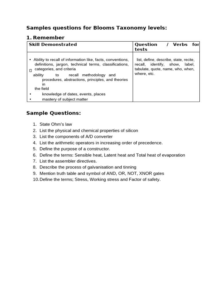 Samples Questions For Blooms Taxonomy Levels | PDF | Heat | Knowledge