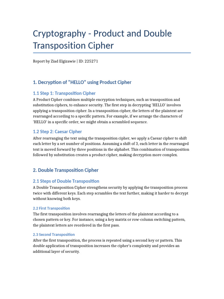 Product and Double Transposition Cipher Report | PDF | Teaching Methods & Materials