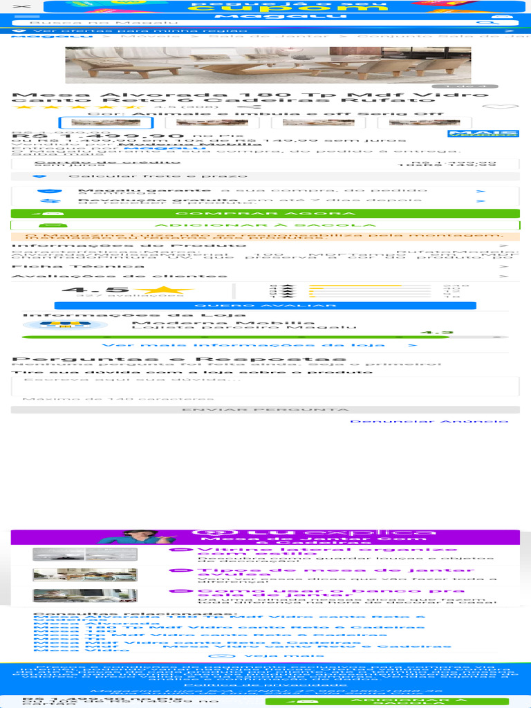 Mesa Alvorada 180 TP MDF Vidro Canto Reto 6 Cadeiras Rufato - Mesa de Jantar Com 6 Cadeiras ...