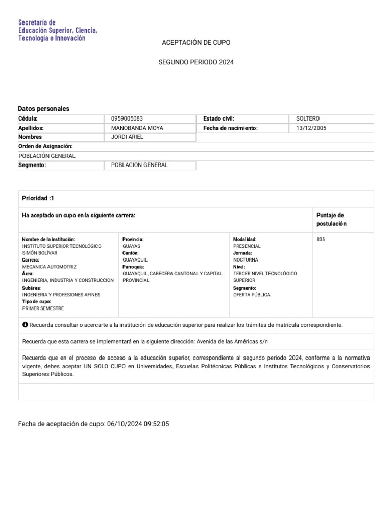 Cupo Matrícula | PDF