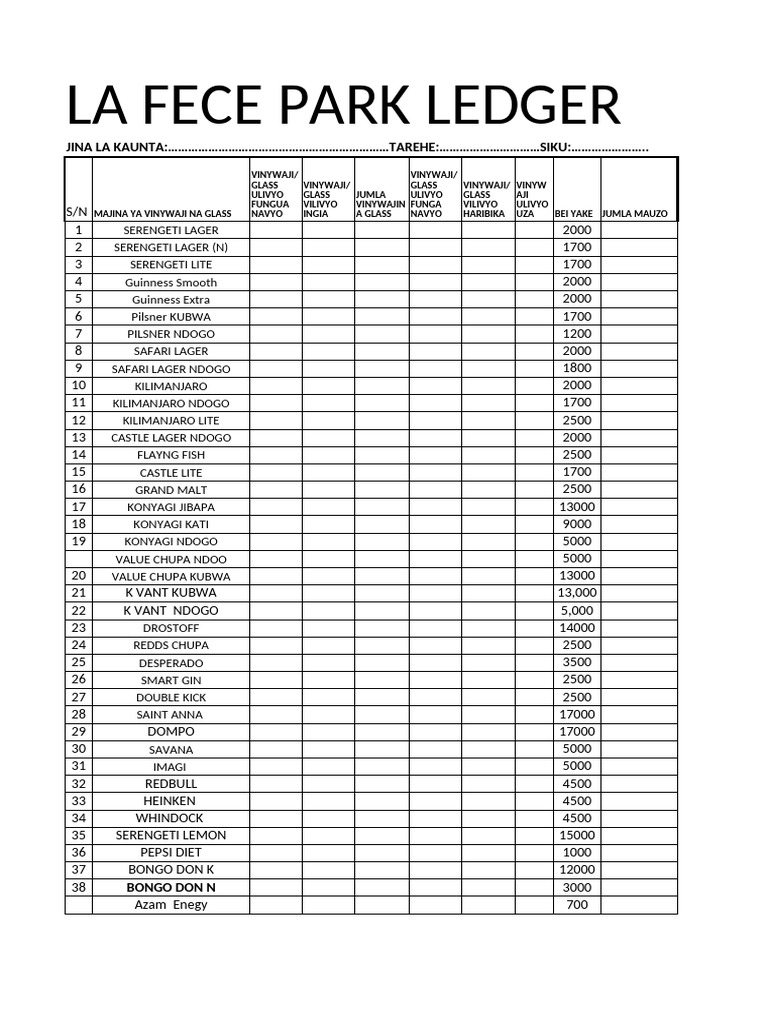 La Fece Ledger,,2024 Mpya f25 | PDF | Alcoholic Drinks | Caffeinated Drinks