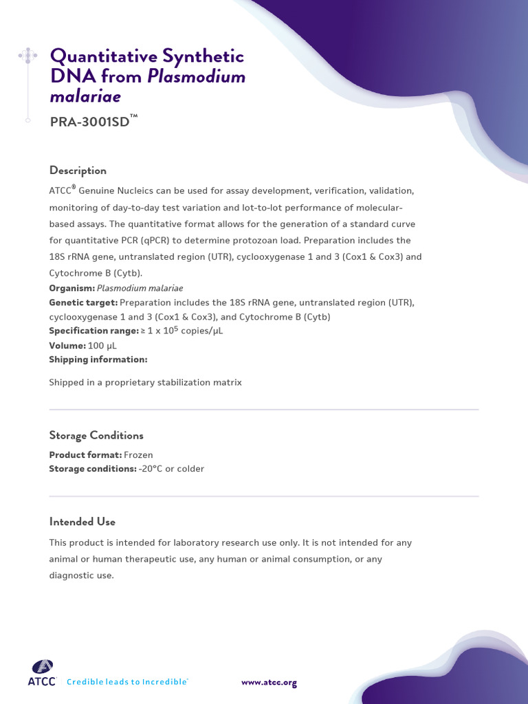 PRA-3001SD Product Sheet - Quantitative Synthetic DNA From Plasmodium ...